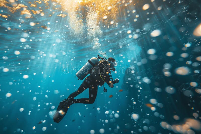 Scuba Diver Exploring Underwater World with Sunlight Filtering Down ...