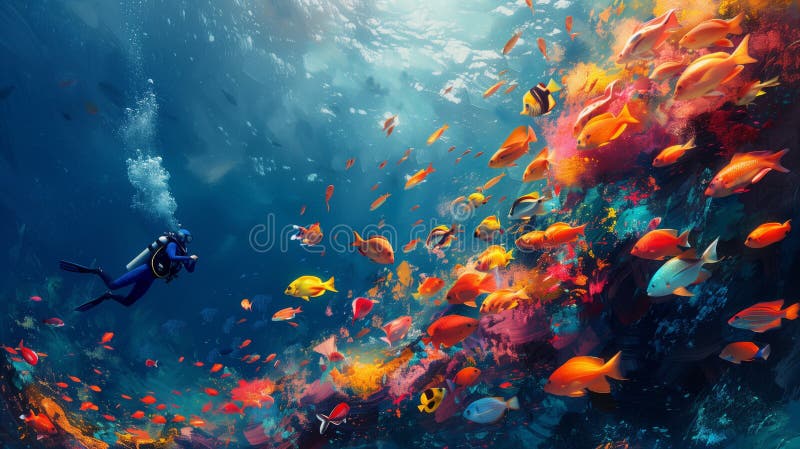 Scuba Diver Exploring Vibrant Coral Reef with Colorful Fish Stock Photo ...