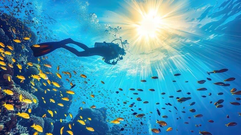 Scuba Diver among Fish with Sunlight Penetrating the Water. Stock Photo ...