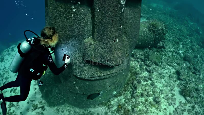 Scuba Diver with Flashlight Examines Base of Large Underwater Stone ...