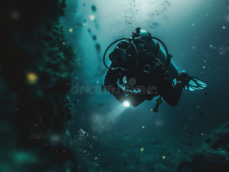 Scuba Diver with a Flashlight Exploring Underwater at Night, Surrounded ...