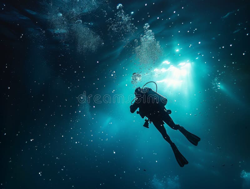 Scuba Diver Floating in Deep Blue Ocean, Surrounded by Bubbles and ...