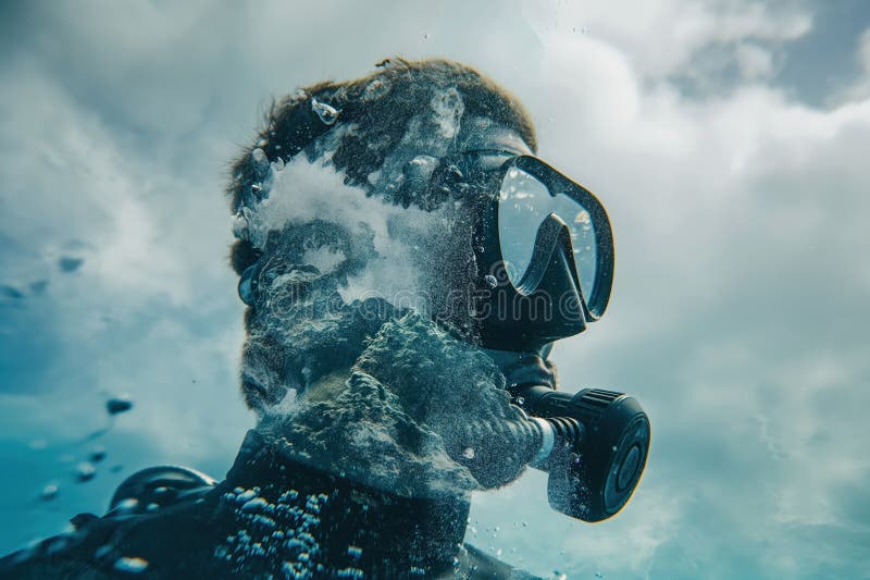 Scuba Diver Going Up with Air Bubbles in the Ocean Stock Photo - Image ...