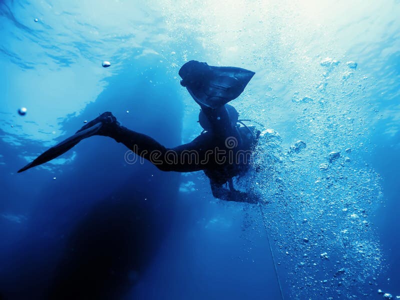 Scuba Diver at Safety Stop Underwater Bubbles Stock Image - Image of ...