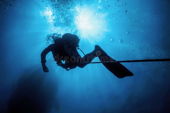 Scuba Diver at Safety Stop Underwater Bubbles Stock Image - Image of ...