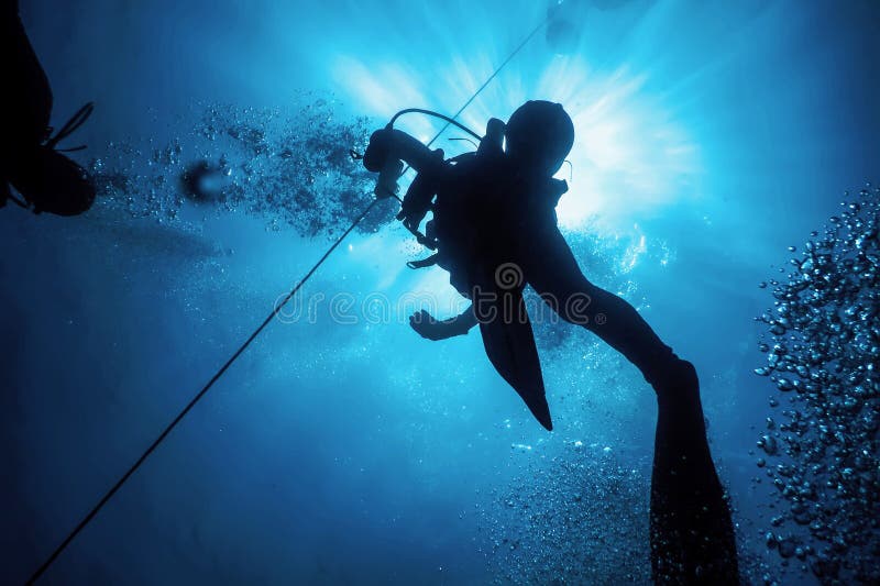 Scuba Diver at Safety Stop Underwater Bubbles Stock Image - Image of ...