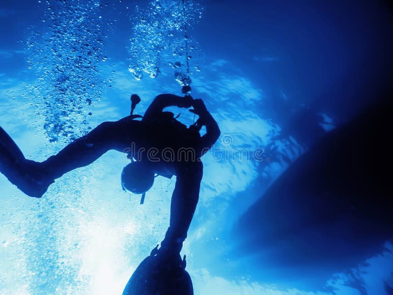 Scuba Diver at Safety Stop Underwater Bubbles Stock Image - Image of ...