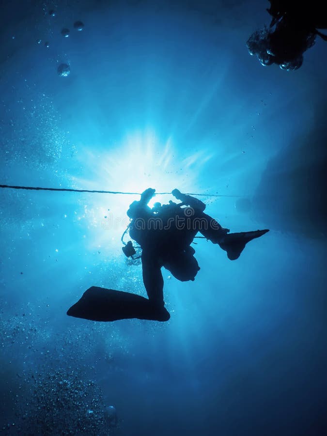Scuba Diver at Safety Stop Underwater Bubbles Stock Image - Image of ...