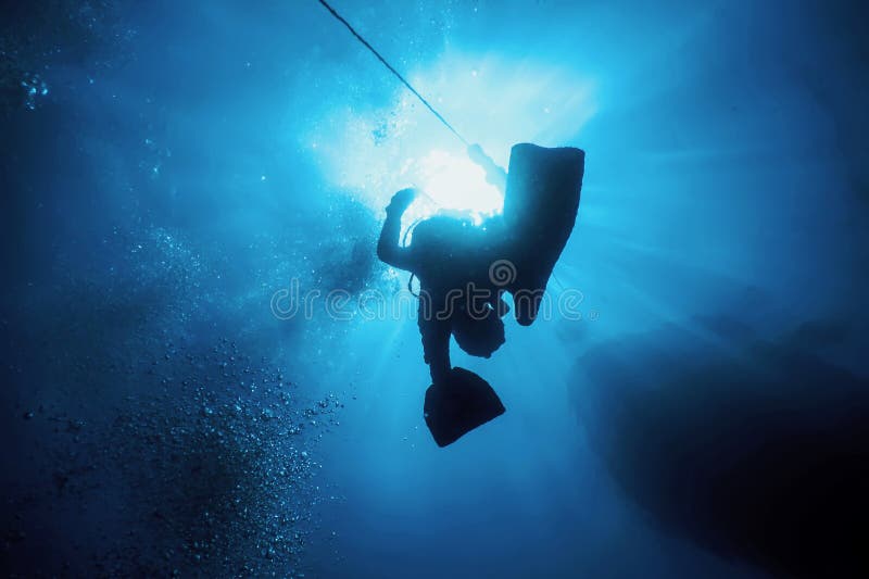 Scuba Diver at Safety Stop Underwater Bubbles Stock Photo - Image of ...