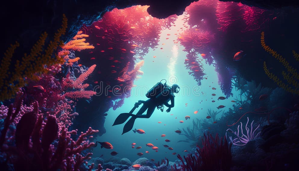 Scuba Diver in the Sea. 3d Render. Underwater World Stock Illustration ...