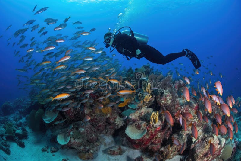 Scuba Diver, Surrounded by Schools of Fish and Coral Reef Stock ...