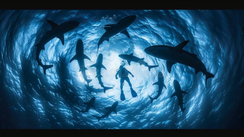 Scuba Diver Surrounded by Sharks in the Ocean. Generative AI. Stock ...