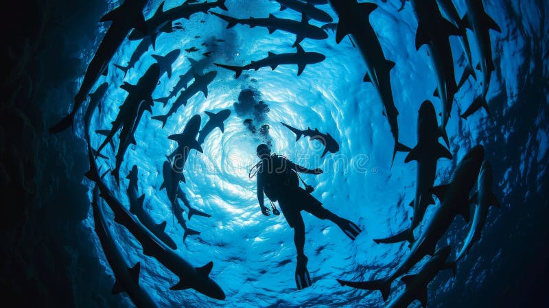 Scuba Diver Surrounded by Sharks in the Ocean. Generative AI. Stock ...