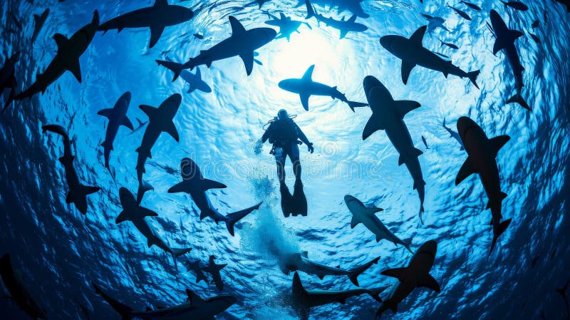 Scuba Diver Surrounded by Sharks in the Ocean. Generative AI. Stock ...