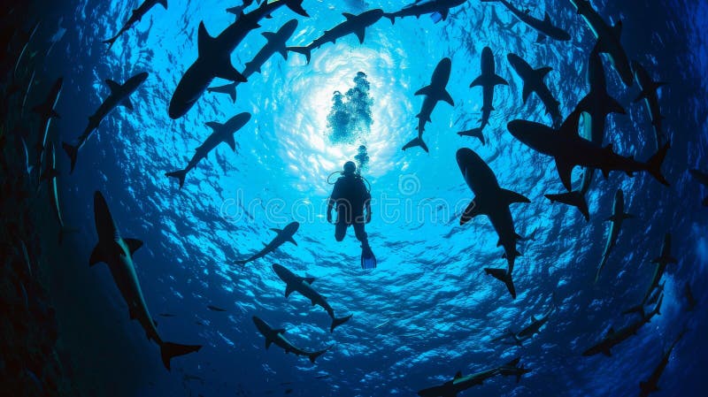 Scuba Diver Surrounded by Sharks in the Ocean. Generative AI. Stock ...