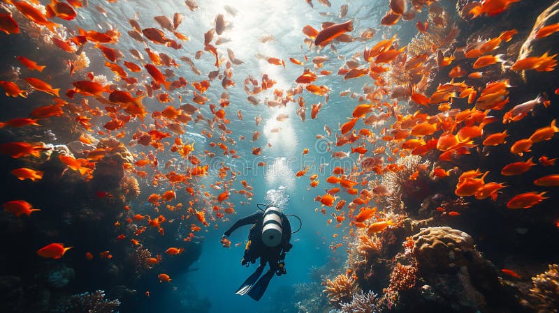 A Scuba Diver Swims through a School of Orange Fish in a Coral Reef ...