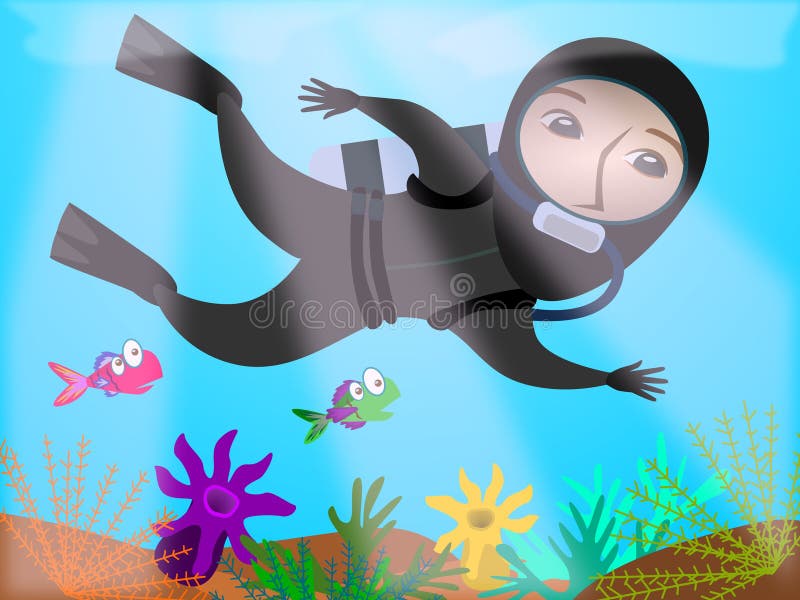 Cartoon Diver Swimming Underwater with Fish Stock Vector - Illustration ...