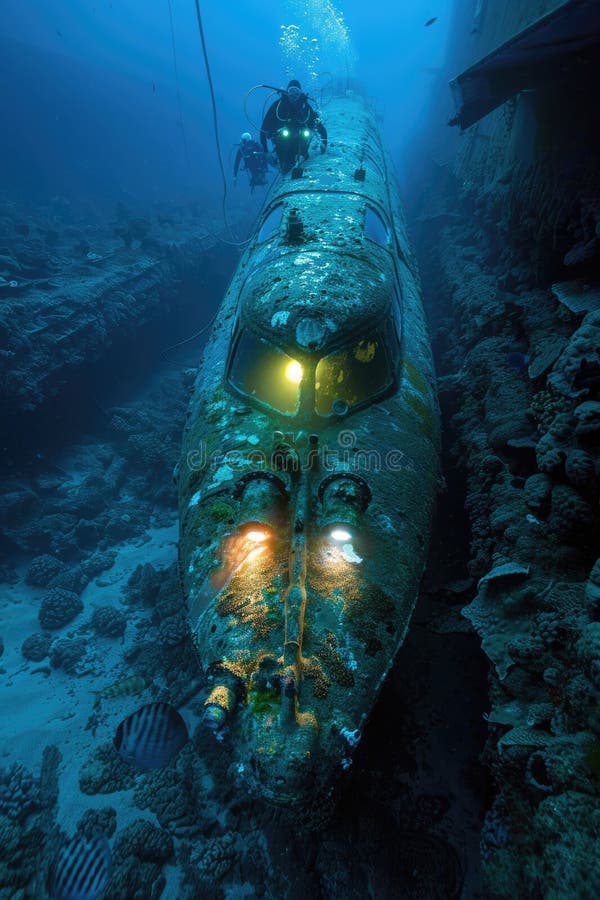 Scuba Divers Exploring Sunken Submarine in Deep Ocean Waters Stock ...
