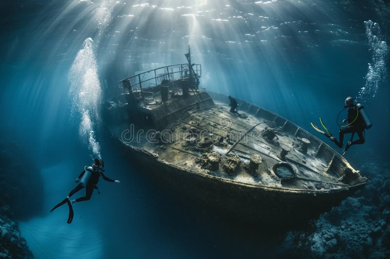 Scuba Divers Exploring Underwater Shipwreck Stock Illustration ...