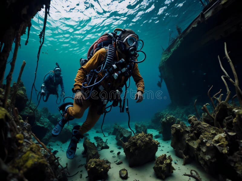 Scuba Divers Exploring the Wreck of a Ship in the Deep Blue Sea ...