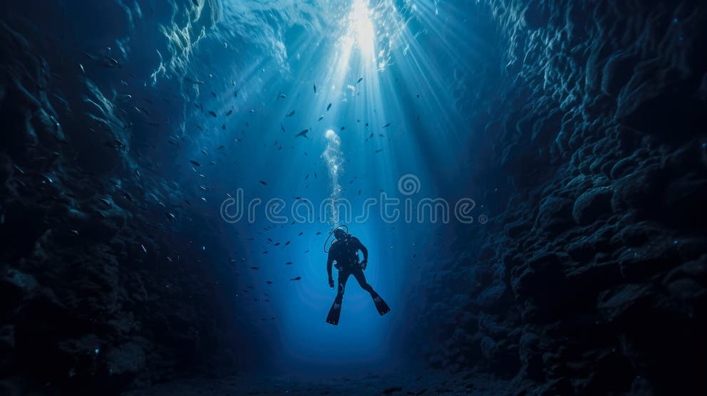 Scuba Diving in Deep Blue Sea with Sunlight Stock Photo - Image of ...