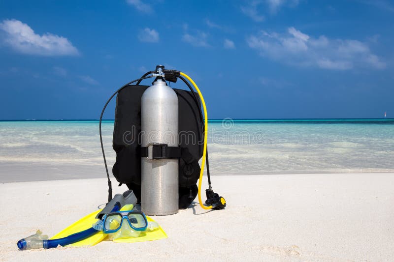 Scuba Diving Gear on Tropical Beach with a Christmas Hat Stock Photo ...