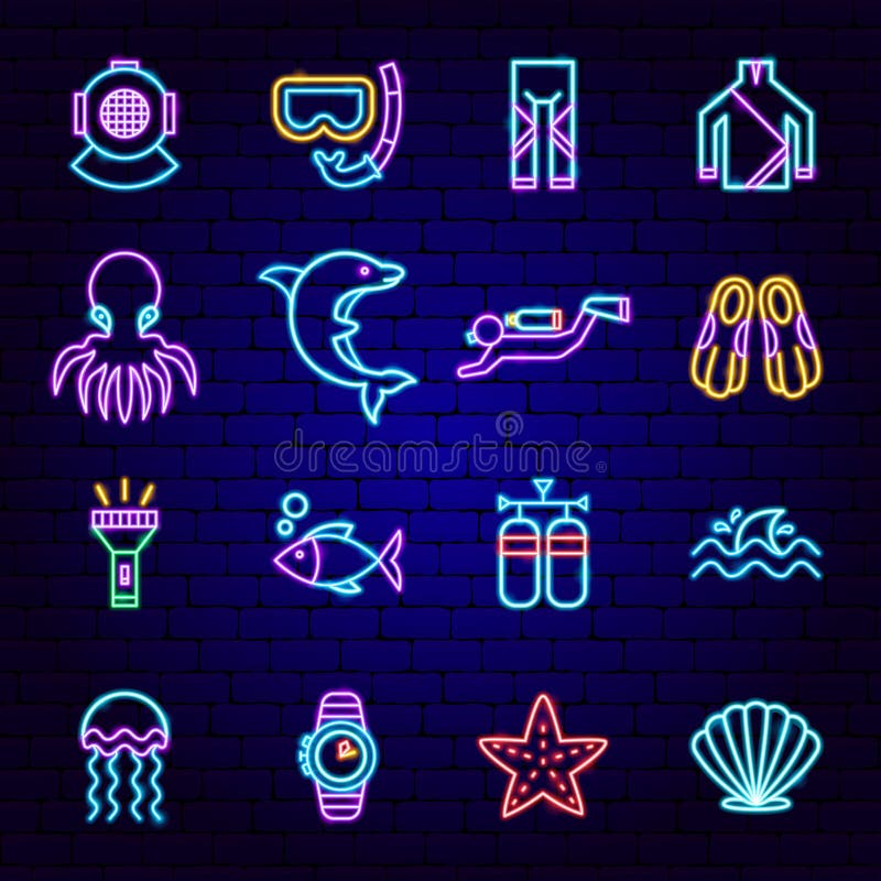 Scuba Diving Neon Icons stock vector. Illustration of ocean - 208514034
