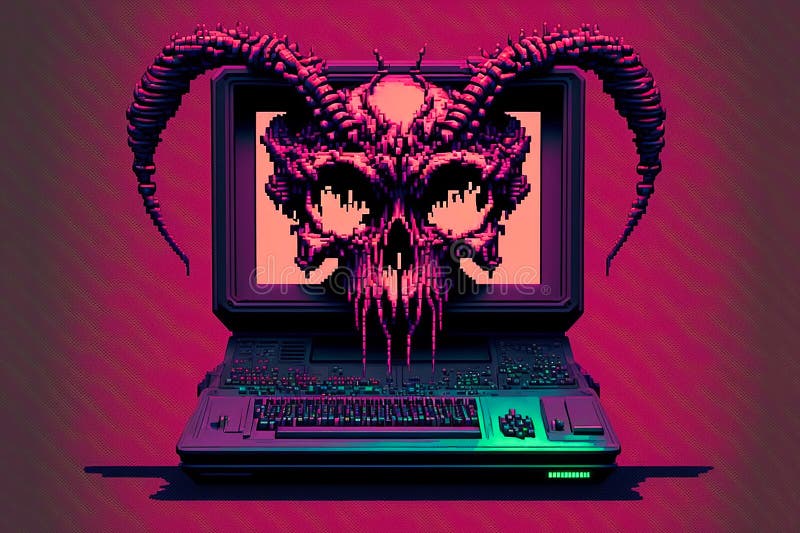 Scull of Computer Demon Virus Screaming Inside of the Monitor. Digital ...