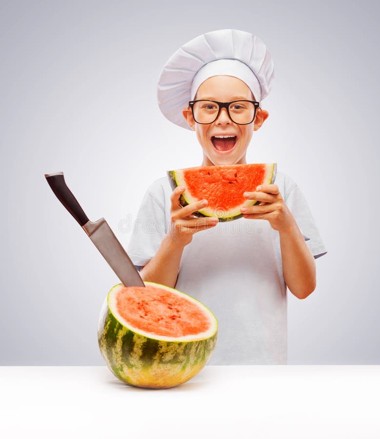 Scullion is Eating Watermelon in the Studio Stock Photo - Image of cook ...