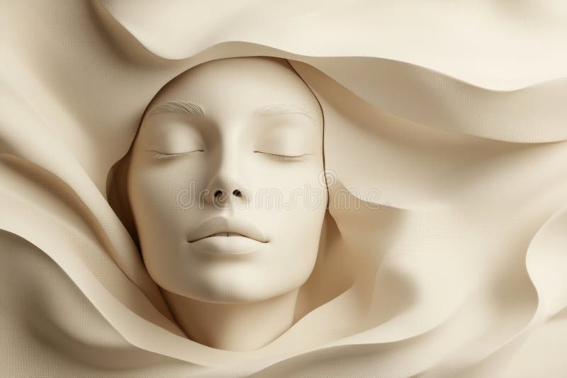 Sculpted Face Emerging from Flowing Fabric with Serene Expression and ...