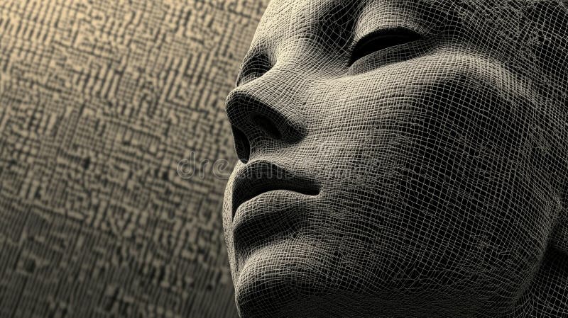 A Sculpted Human Face Rendered in a Wireframe Mesh Design, Emphasizing ...