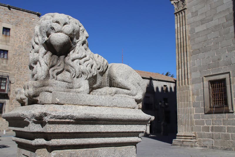 Sculpted Lion in Front of the Cathedral in Avila - Spain Editorial ...