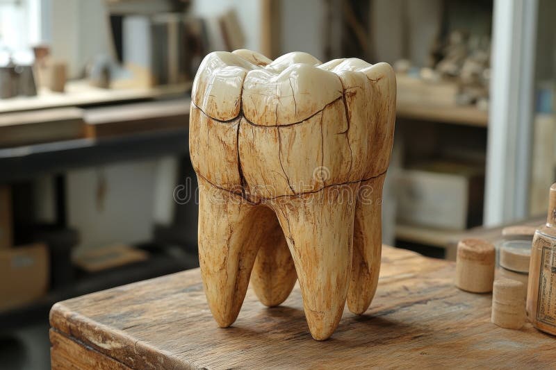 Sculpted Tooth Model Displayed in a Workshop Setting on a Wooden Table ...