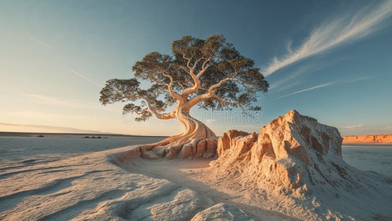 Sculpted Tree of Life Amidst Geological Formations on a Sandy Plateau ...