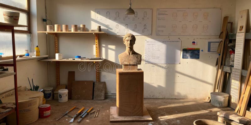 Sculpting a Bust in a Well-lit Studio Featuring Tools and Artworks ...
