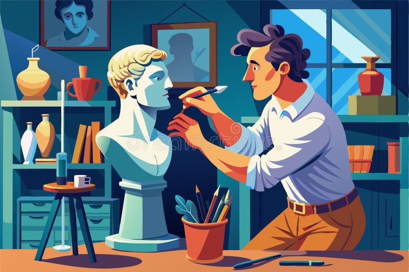 A Sculptor Carefully Enhances a Bust while Surrounded by Art Materials ...