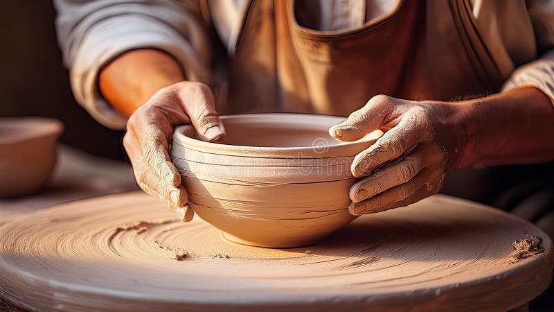 Sculptor Creates a Handmade Clay Bowl. Potter S Hands at Work, Making ...