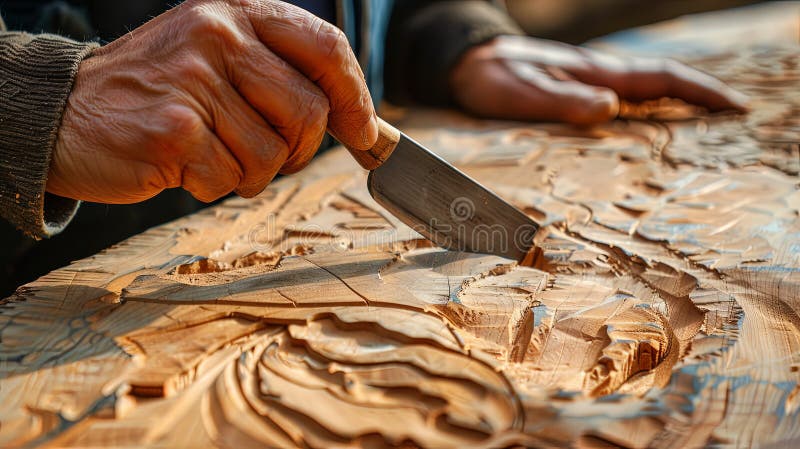 Sculptor Hand Working with Wood Carving with Chisel Making Sculpture ...