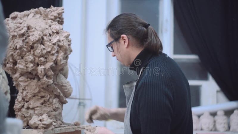 Sculptor Modelling Sculpture Adjusting Face Details Head Made of Clay ...