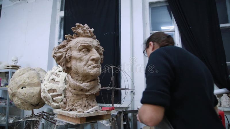 Sculptor Modelling Sculpture Adjusting Face Details Head Made of Clay ...