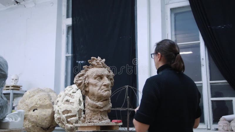 Sculptor Modelling Sculpture Adjusting Face Details Head Made of Clay ...