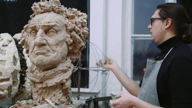 Sculptor Modelling Sculpture Adjusting Face Details Head Made of Clay ...