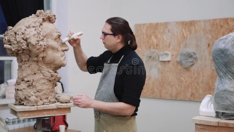 Sculptor Modelling Sculpture Adjusting Face Details Head Made of Clay ...