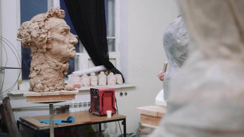 Sculptor Modelling Sculpture Adjusting Face Details Head Made of Clay ...