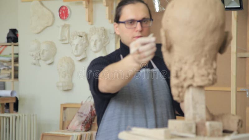 Sculptor Modelling Sculpture Adjusting Face Details Head Made of Clay ...