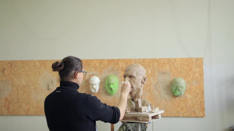 Sculptor Modelling Sculpture Adjusting Face Details Head Made of Clay ...