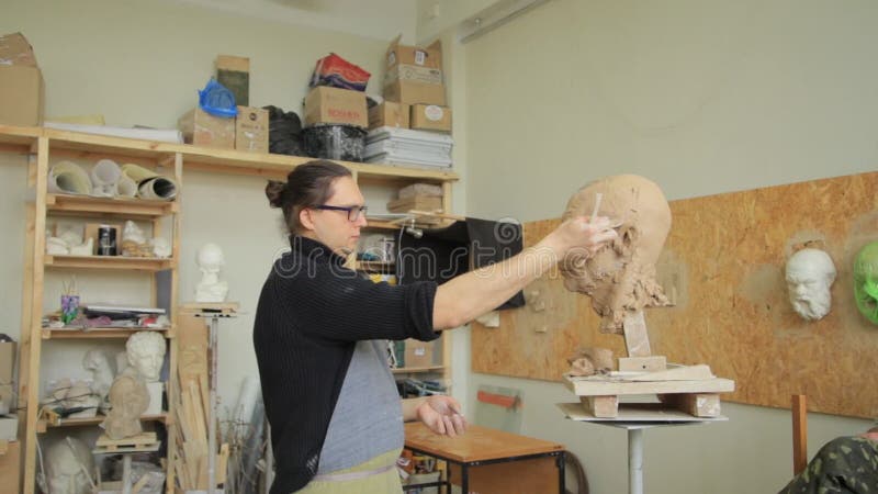 Sculptor Modelling Sculpture Adjusting Face Details Head Made of Clay ...