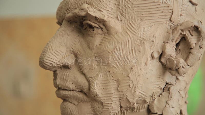 Sculptor Modelling Sculpture Adjusting Face Details Head Made of Clay ...