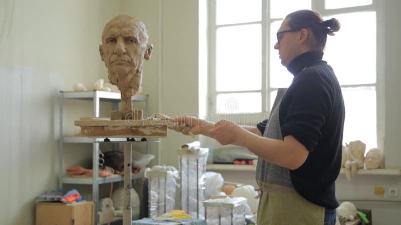 Sculptor Modelling Sculpture Adjusting Face Details Head Made of Clay ...