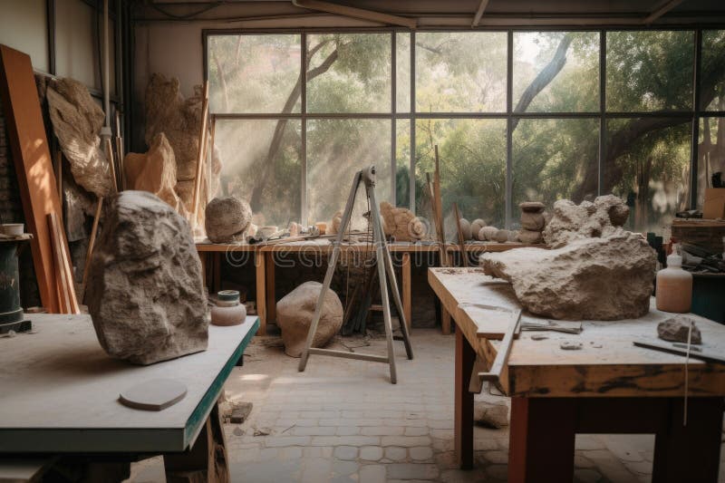 Sculptor S Studio, with Raw Materials and Finished Works on Display ...